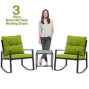 Pyramid Home Decor 3-Piece Rocking Bistro Set - Durable & Stylish Synthetic Wicker Outdoor Furniture - Glass Coffee Table with 2 Chairs for Balcony, Patio & Porch - Black Metal, Soft Green Cushions