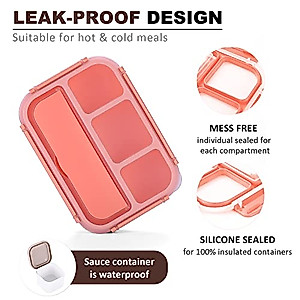 QQKO Bento Box Adult Lunch Box, Lunch Containers for Adults, 1200 ML Food Container With 4 Compartments, Including 4 Muffin Cups, Utensils Set, Sauce Jar, Leak-Proof, Microwave, Dishwasher Safe, Pink