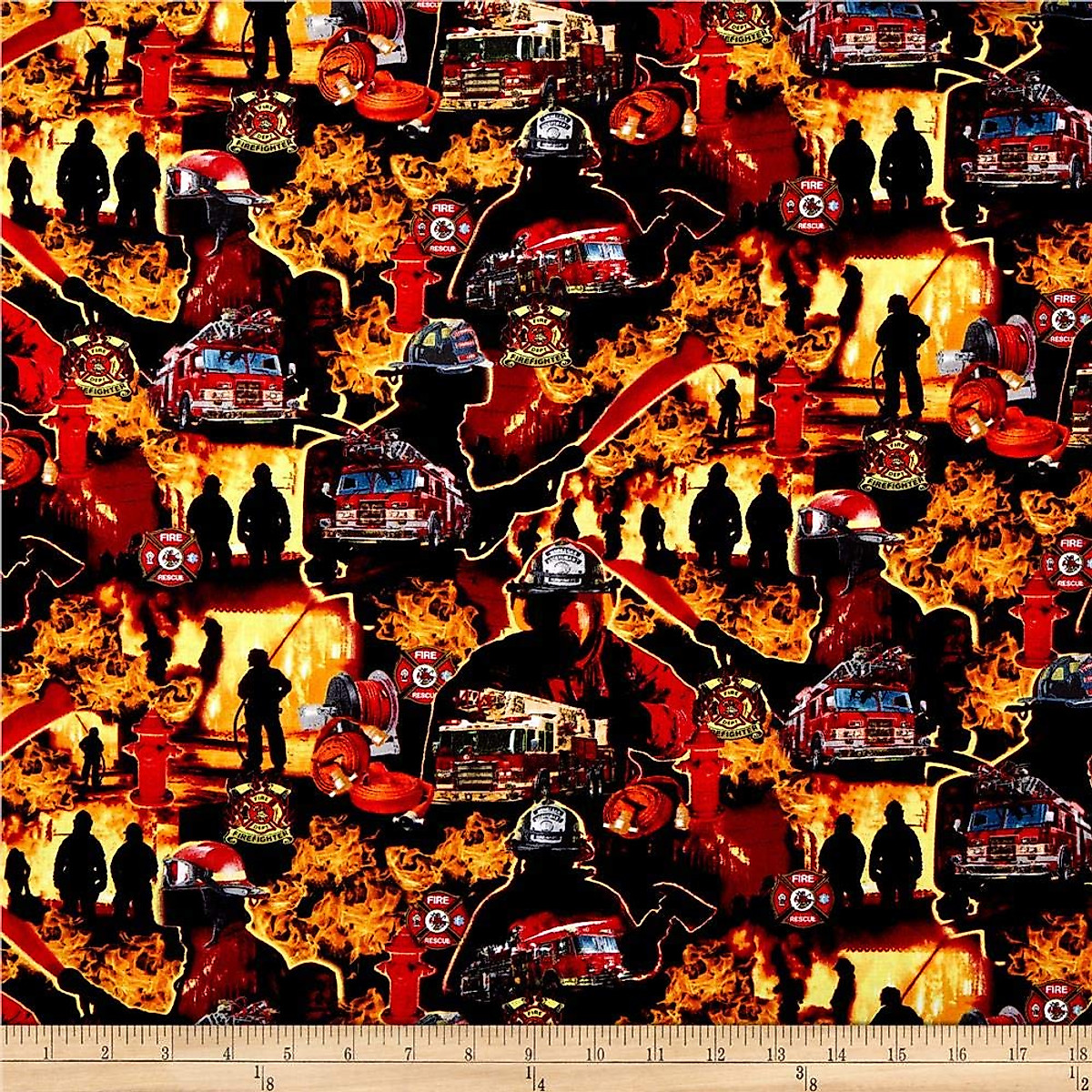 Under Fire Fireman Montage Red, Fabric by the Yard