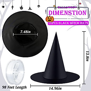 Halatool 10 Pieces Halloween Witch Hats, Floating Black Hanging Witch Hats Outdoor, Halloween Party Favors Witch Hat with 98 Feet Hanging Rope for Halloween Costume Accessories Party Decoration