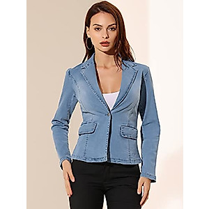 Allegra K Women's Notched Lapel One Button Long Sleeve Business Washed Denim Blazer Medium Light Blue