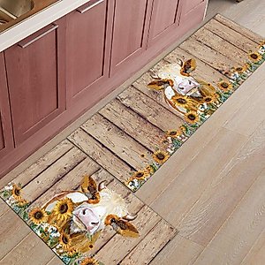 Set of 2 Non-Slip Kitchen Mat 2 Piece Sunflower Cow Comfort Standing Kitchen Mat Waterproof and Oil Proof Farmhouse Animals Cute Rustic Wood