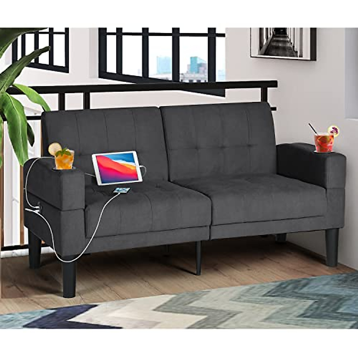 TYBOATLE Linen Upholstered Modern Love Seats Sofa with 2 USB, Fabric Loveseat Furniture w/Removable Armrests, 2 Cup Holders, Suitable for Compact Living Space, Apartment, Dorm (Dark Grey)
