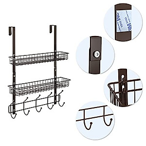 OYEAL Over The Door Hook Rack with 5 Hooks 2 Baskets Steel, Sturdy Durable Coat Rack Towel Hooks Hanging Organizer Shelves for Home Bedroom Bathroom Kitchen, Brown