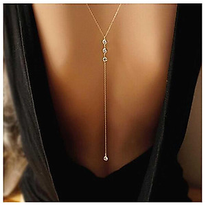 Iaceble Boho Crystal Back Necklace Long Cz Backdrop Necklace Gold Crystal Lariat Y Necklace Rhinestone Back Chain Necklace Long Cz Wedding Backdrop Chain Jewelry for Women (Style 1)