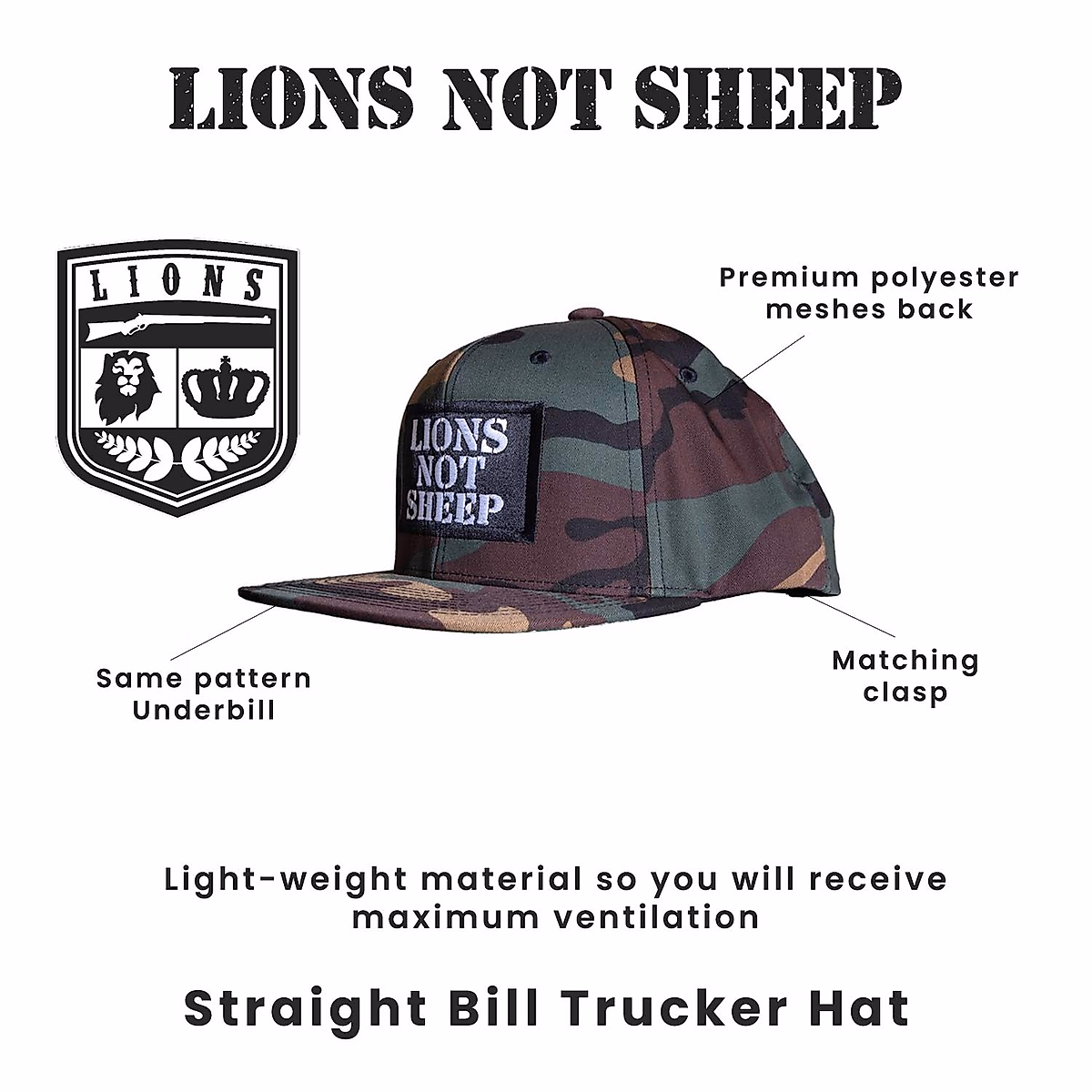 Lions Not Sheep Hat (Camo) - Mesh Back Baseball Cap - 5 Panel Trucker Cap - Trucker Hats for Men and Women - Adjustable Snapback Mesh Hat for Hiking & Fishing