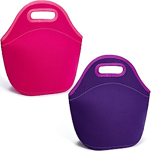 CHENGU 2 Pcs Neoprene Lunch Bag Insulated Thermal Lunch Bag Reusable and Foldable Lunch Bag with Zipper for Women Men Nurse Teacher Work Outdoor Travel Picnic, Soft and Lightweight (Purple, Rosy)