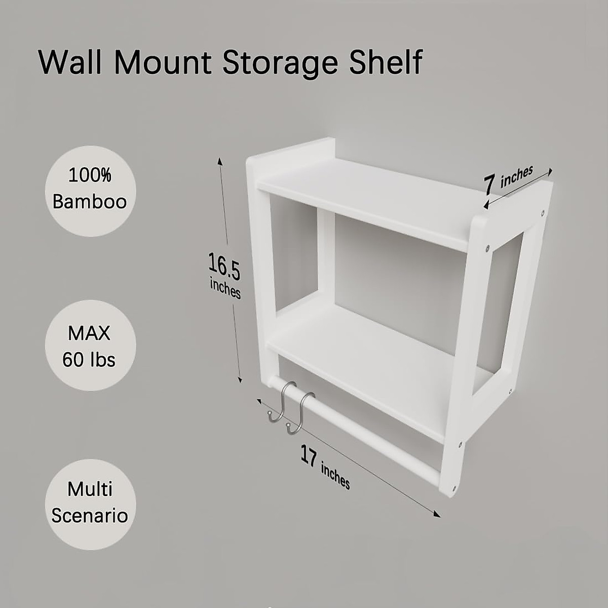 ADREMAN Bathroom Shelf Wall, Over The Toilet Storage Shelves Bamboo Bathroom Shelf Organizer Floating Wall Mounted with Hook and Hanging Rod for Bathroom,Kitchen,Toilet,Living Room (White)