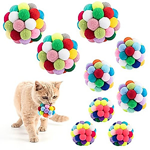 MEWTOGO 9 Pcs Cat Toy Balls with Bell - Round Cat Pom Pom Furry Balls Built-in Bell, Colorful Ball in 3 Different Sizes for Indoor Interaction Play Training and Chewing of Big Cats & Kittens
