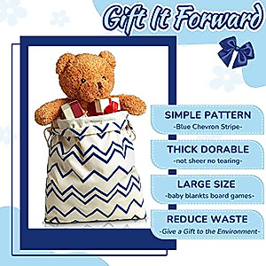 Dunzy 2 Pack Drawstring Gift Bags Large Ivory and Blue Stripe Fabric Gift Bags Reusable Canvas Gift Bags for Father's Day Birthdays Holiday, 15.8 x 19.7 Inch, 11.8 x 15.8 Inch