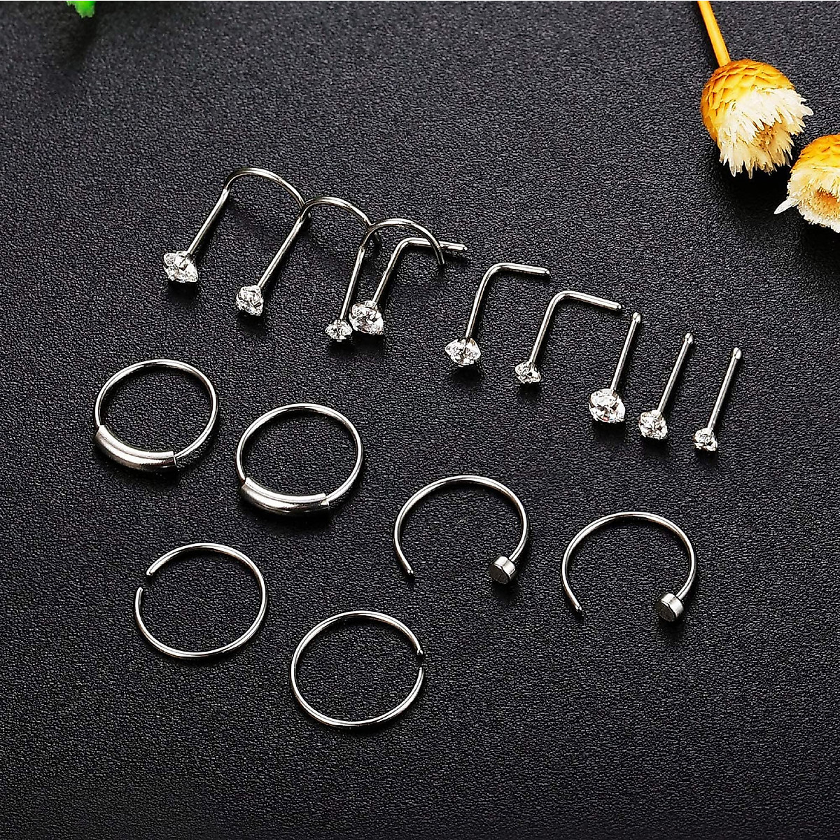 FINREZIO 15PCS 22G 20G 18G Surgical Steel Nose Rings Hoop Studs Cartilage Earrings Body Piercing Jewelry 1.5mm 2mm 2.5mm CZ (A:22G,8MM Silver Nose Ring)