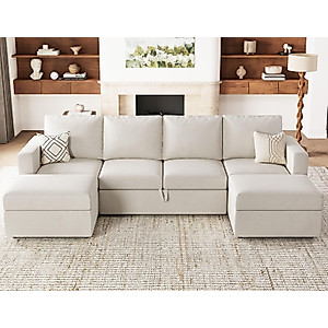 Belffin U Shaped Sectional Sleeper Sofa with Pull Out Bed Convertible Velvet Modular Sectional Couch Bed with Storage Ottoman Beige
