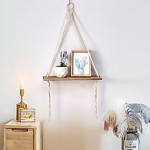 DD-life Macrame Rope Triangle Shelf Wooden Wall Hanging Shelves Macrame Hanging Shelf Farmhouse Rustic Modern Plant Aesthetic for Room Nursery Bathroom Living Room College Dorm Room