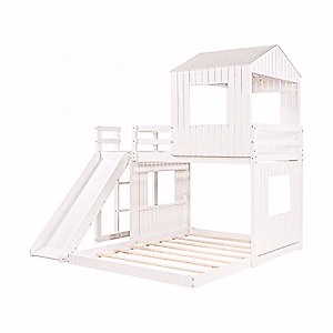 Merax House Shaped Solid Wood Bunk Bed with Roof, Window, Guardrail and Ladder for Kids, Teens, Girl or Boys