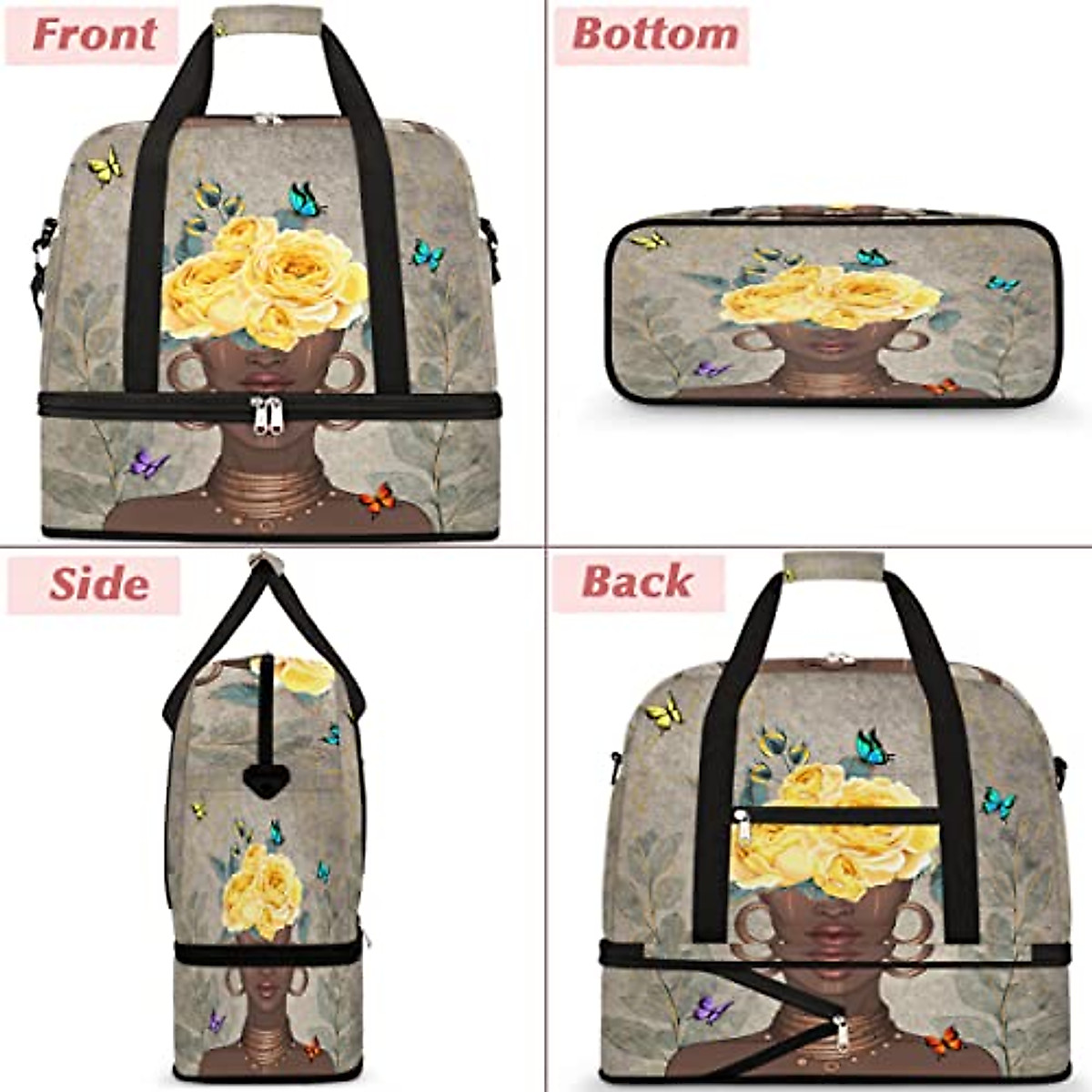 Travel Duffel Bag African Afro Woman Butterfly Sport Gym Bag for Woman Man,Waterproof Foldable Weekend Overnight Bag for Yoga Workout Training with Shoe Compartment