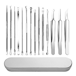 FIXBODY Blackhead & Splinter Remover Tools - Stainless Steel Professional Easily Cure Pimples Whiteheads Comedones Acne Zit Ingrown Hairs and Facial Impurities Bend Head Tweezer Surgical Kit (14 PCS)