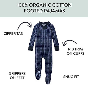 HonestBaby Non-Slip Footed Pajamas One-Piece Sleeper Jumpsuit Zip-Front PJs 100% Organic Cotton for Baby Boys, Blue Plaid, 12 Months