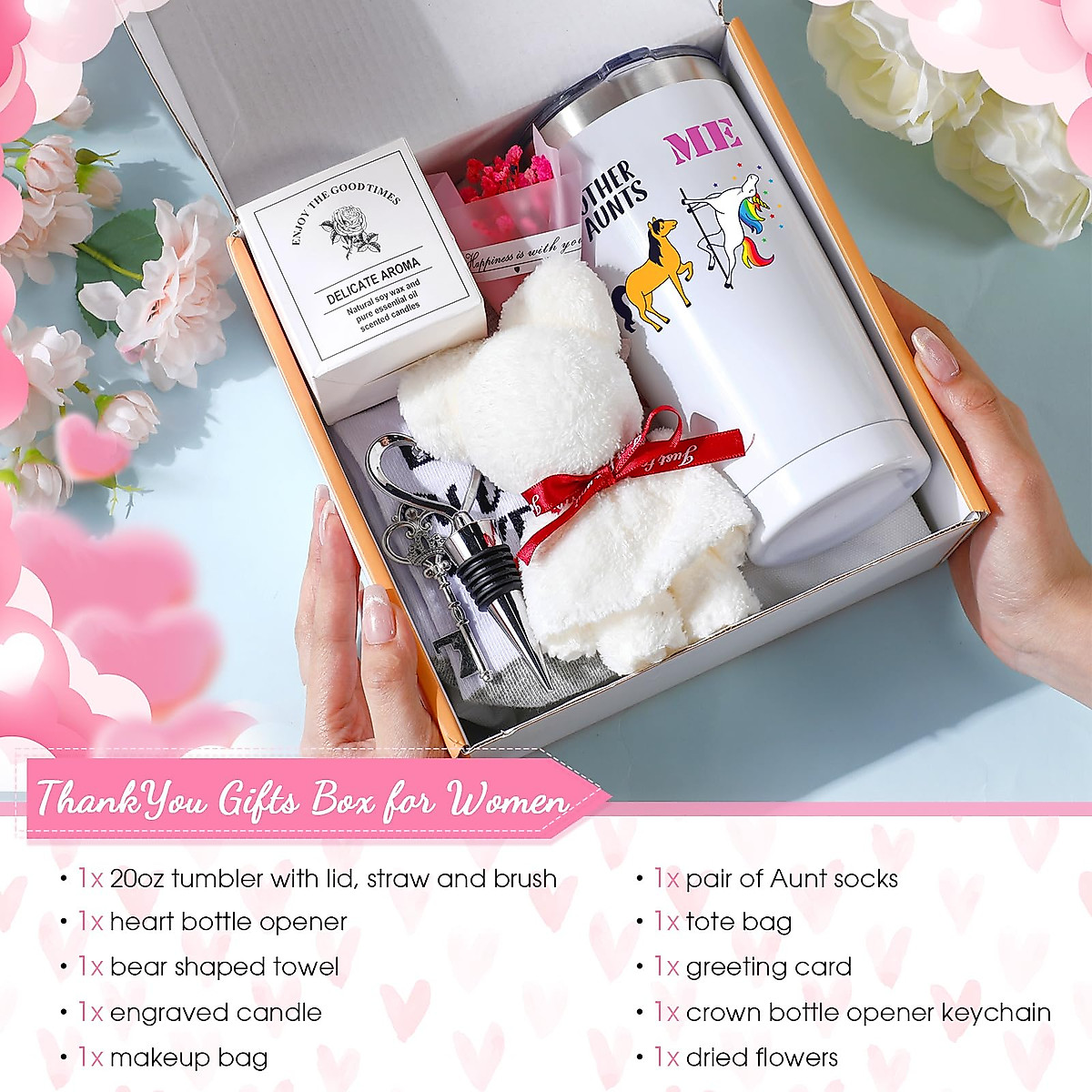 Yaomiao Mother's Day Aunt Gifts Ideas Best Aunt Ever Gifts from Niece Nephew Thank You for Being My Auntie 20 oz Travel Mug with Candle Auntie Makeup Tote Bag Socks for Women Holiday Birthday