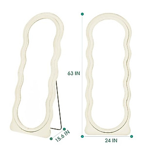 BEVERDY 63" x 24" Full Length Mirror - Wavy, Floor or Wall Mounted, Irregular Shape, Flannel Wrapped Frame, Full Body View, Beige White