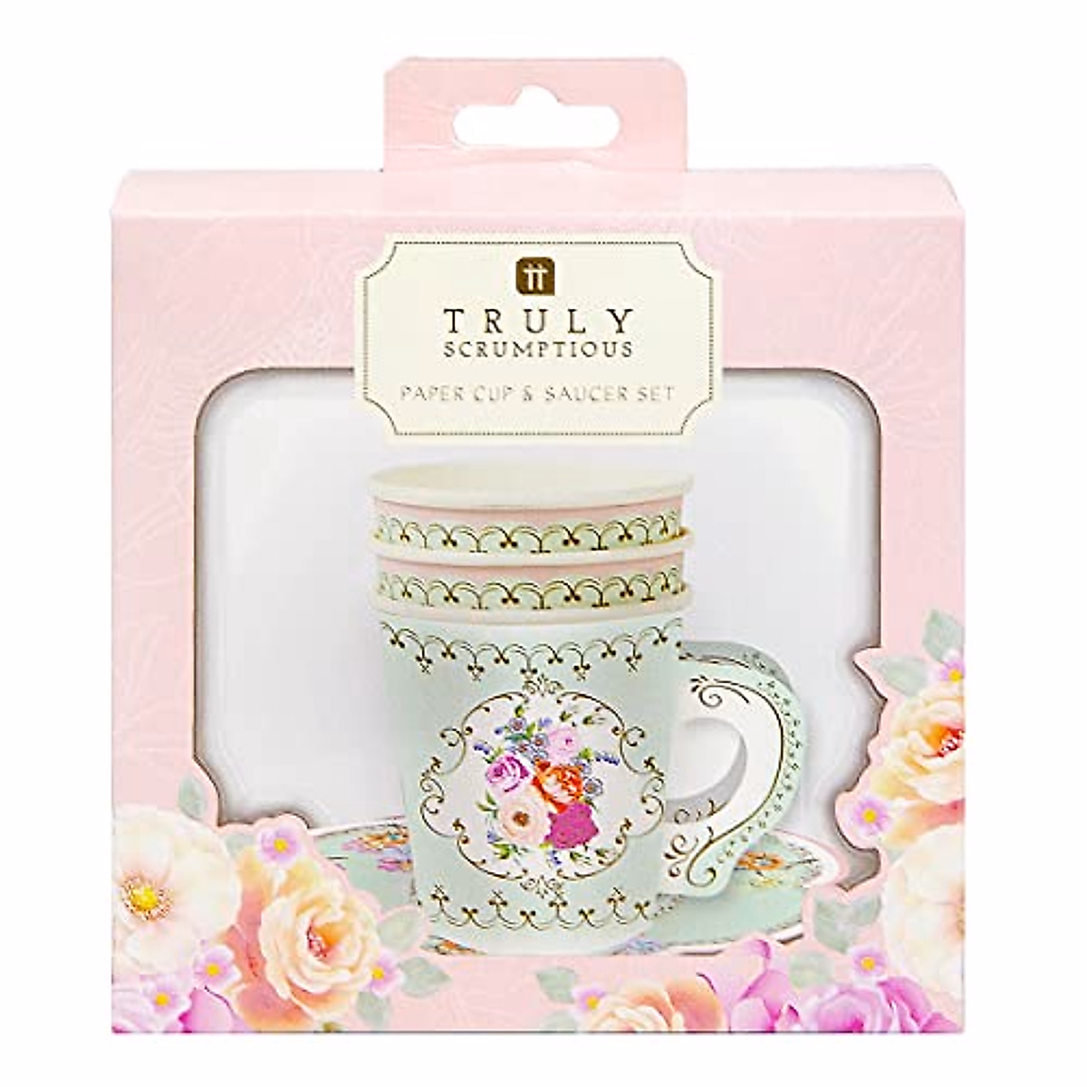 Talking Tables TS6-CUPSET Disposable Truly Scrumptious Party Vintage Floral Tea Cups and Saucer Sets, Mint Green
