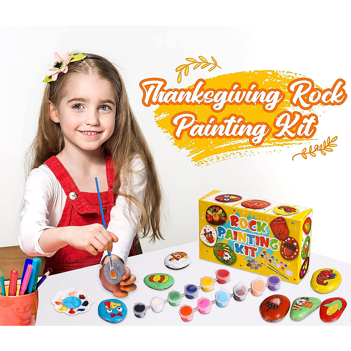 Fall/Thanksgiving Rock Painting Kit - Arts and Crafts for Kids Ages 8-12 - includes DIY Stones, Water Paint, Tattoos, Party Favors/Birthday Gifts/Toys/Creativity Classroom Activity for Girls Boys