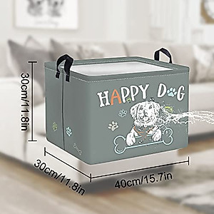 Clastyle Collapsible Happy Dog Toy Storage Bin with Handle Grey Rectangular Puppy Storage Basket for Pets Toys Clothes Leashes, 15.7x11.8x11.8 in