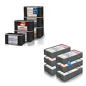 6 Pack Large Storage Bags 90L & 6 Pack Underbed Storage, Clothes Storage Bins Foldable Closet Organizers with Durable Handles with Clear Window for Clothes Pillow Blankets Bedding