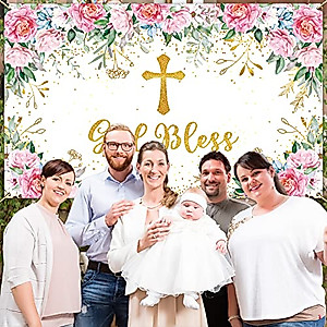 God Bless Backdrop Baptism First Holy Communion Banner Mi Bautizo Baby Shower Party Decorations Christening Ceremony Newborn Banner Flowers Leaves Floral Photography Background Decor Supplies
