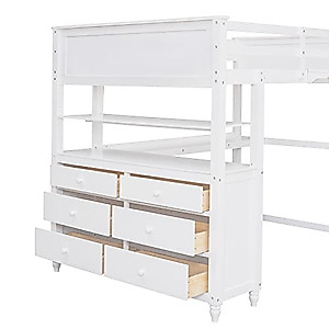 Merax Multi-Functional Full Loft Bed with Built-in Desk/6 Storage Drawers/Shelf, Full Size Wooden Loft Bed with Ladder and Guardrails, No Box Spring Required Wood Bed Frame, White