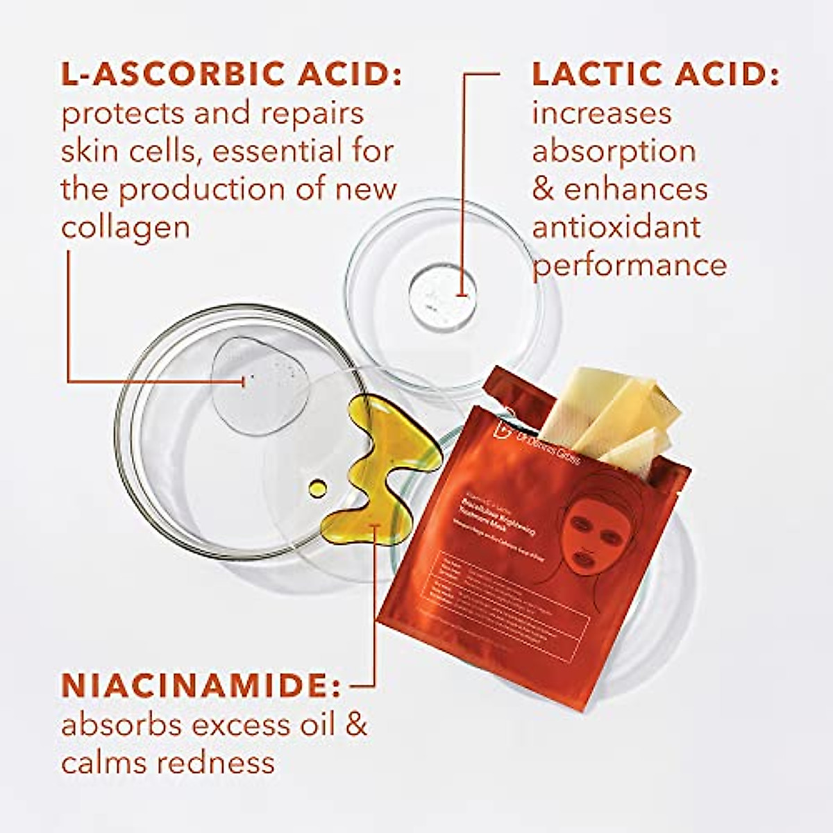 Dr Dennis Gross Vitamin C Lactic Biocellulose Brightening Treatment Mask, Revive Dry, Visibly Damaged Skin, 4 Pack