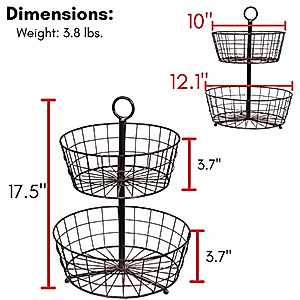 BirdRock Home 2 Tier Wire Fruit Basket Bowl - Round Metal Standing Storage Baskets - Vegetable Garlic Caddy Stand for Kitchen Counter - Freestanding Rustic Decorative Farmhouse Decor