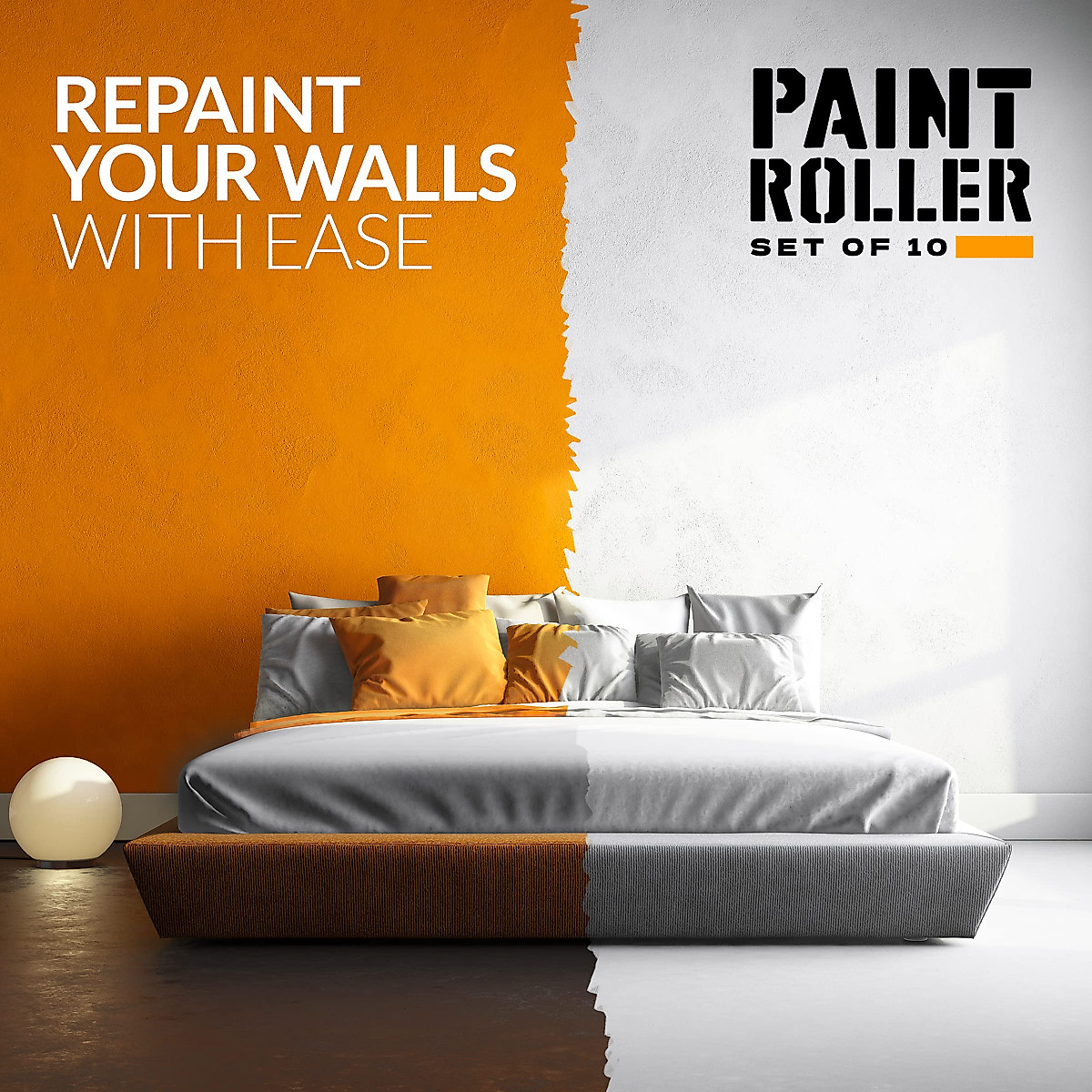 Raulde Paint Roller Kit of 10 Pcs - Includes a Paint Tray, Brush, Large and Mini Rollers & Sleeves, Paint Repellent Masking Tape, Paint Mixer - Roller Set for Painting Walls