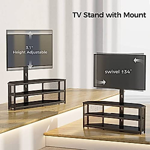 Rolanstar TV Stand with Mount and Power Outlet, Swivel TV Stand Mount with LED Lights for 32/45/55/60/65/70 inch TVs,Black Entertainment Center Media Console with Height Adjustable Mount