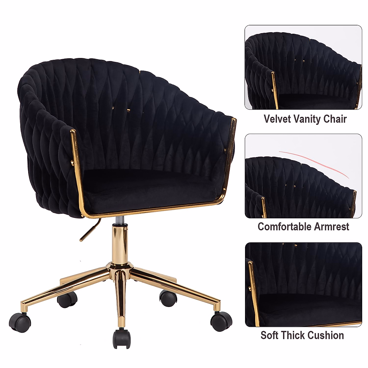 linting Velvet Accent Chair Home Office Desk Chairs with Wheels Modern Mid Back Swivel Vanity Chair Armchair, Adjustable Makeup Chair (Black)