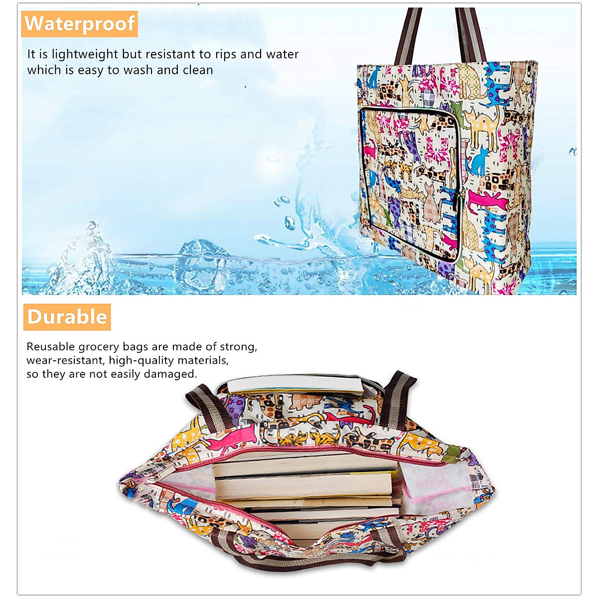 couragejoy Reusable Shopping Bags Foldable Washable Waterproof Large Grocery Bags Heavy Duty Long Handles With Zipper Attached Pouch Sturdy Daily Bags For Working Traveling(cat patern)