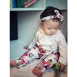 3Pcs Infant Toddler Baby Girl Clothes Long Sleeve Hoodie with Pocket Tops Floral Pants Outfits Set with Headband White