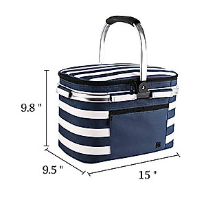 ALLCAMP Insulated Picnic Baskets Shoping Basket Cooler Bag Collapsible Portable Picnic Basket (Blue White Stripe)
