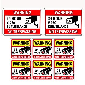 WISLIFE Video Surveillance Sign Set, 2 (10" X 7") Aluminum Warning Signs & 6 (6"X6") Window Stickers, Video Security Signs
