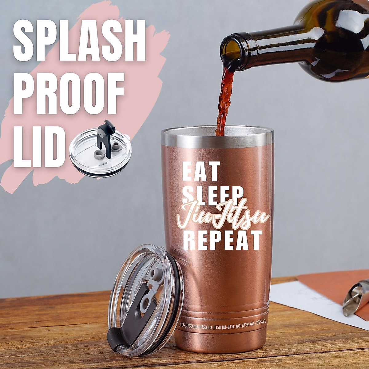 Onebttl Jiu jitsu Gifts for Women, Travel Mug for Jiu-Jitsu Lovers, Daughters, Instructors - Eat Sleep Jiu-Jitsu Repeat, Stainless Steel 20Oz Tumbler, Rose Gold