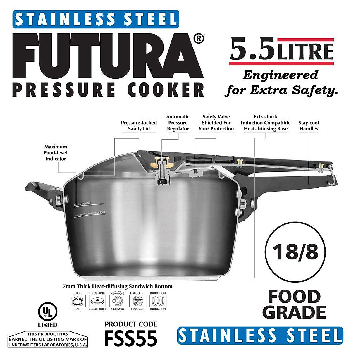 Hawkins-Futura F-56 Futura Induction Compatible Pressure Cooker, 5.5-Liter, Stainless Steel