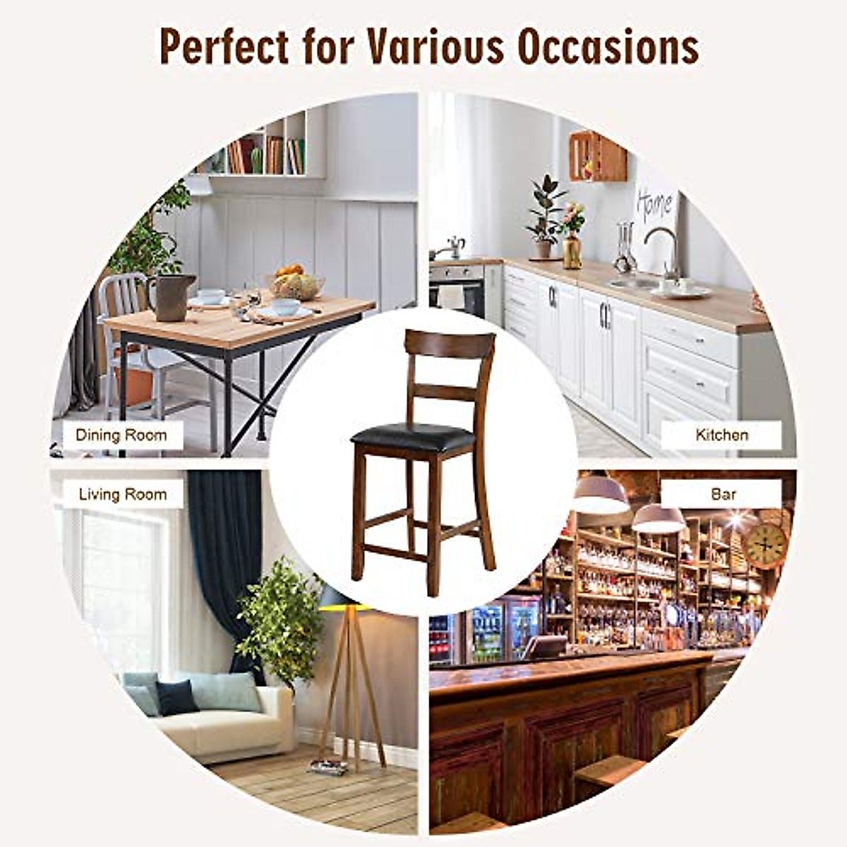 COSTWAY Barstools Set of 4, 25.5-Inch Counter Height Chair with Backrest, Foam-padded Cushion, Rubber Wood Legs, Wooden Vintage Dining Chair for Bistro, Living Room, Kitchen, Brown and Black