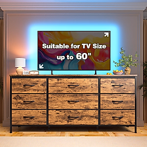 EnHomee Dresser TV Stand with 9 Drawers for 60'' TV Stand for Bedroom Long Dresser for Bedroom Wide Dressers & Chests of Drawers, Sturdy Metal Frame & Wood Top, Living Room, Closet, Rustic Brown