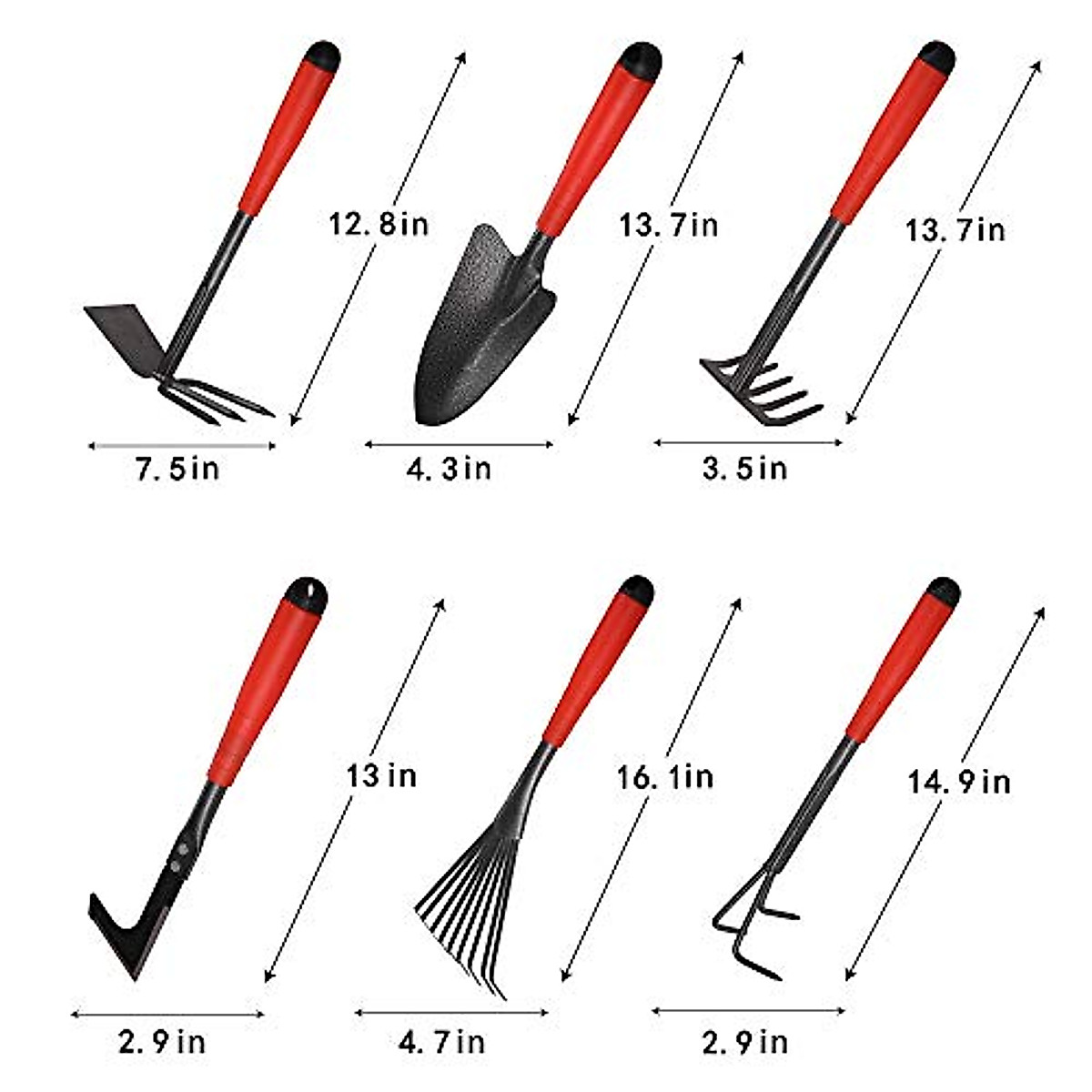 FLORA GUARD 6 Piece Garden Tool Sets - Including Trowel,5-Teeth rake,9-Teeth Leaf rake,Double Hoe 3 prongs, Cultivator, Weeder, Gardening Hand Tools with High Carbon Steel Heads