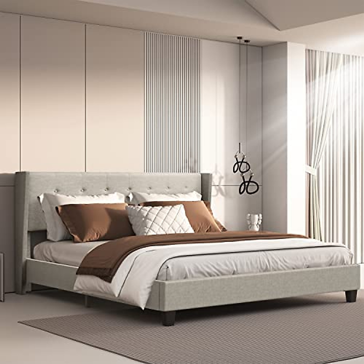 BONSOIR Bed Frame Upholstered Traditional Low Profile Platform with Wing Back Headboard/No Box Spring Needed/No Bed Skirt Needed/Linen Fabric Upholstery/Sand (Sand, Queen Size)