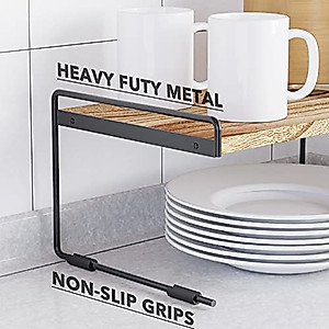 SpaceAid Cabinet Shelf Organizers 2 Pack, Kitchen Counter Organizer Rack Under Shelves Riser, Pantry Cupboard Storage Organization, Metal and Wood, Black and Natural, 16" Wide