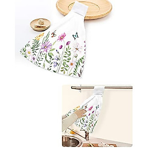 Spring Blossom Flowers and Butterfly Hanging Kitchen Towels Soft Absorbent Hand Tie Towels Set with Hook&Loop,Botanical Plants on White Tea Bar Dish Cloths Towel for Bathroom Laundry Room BBQ,2pc