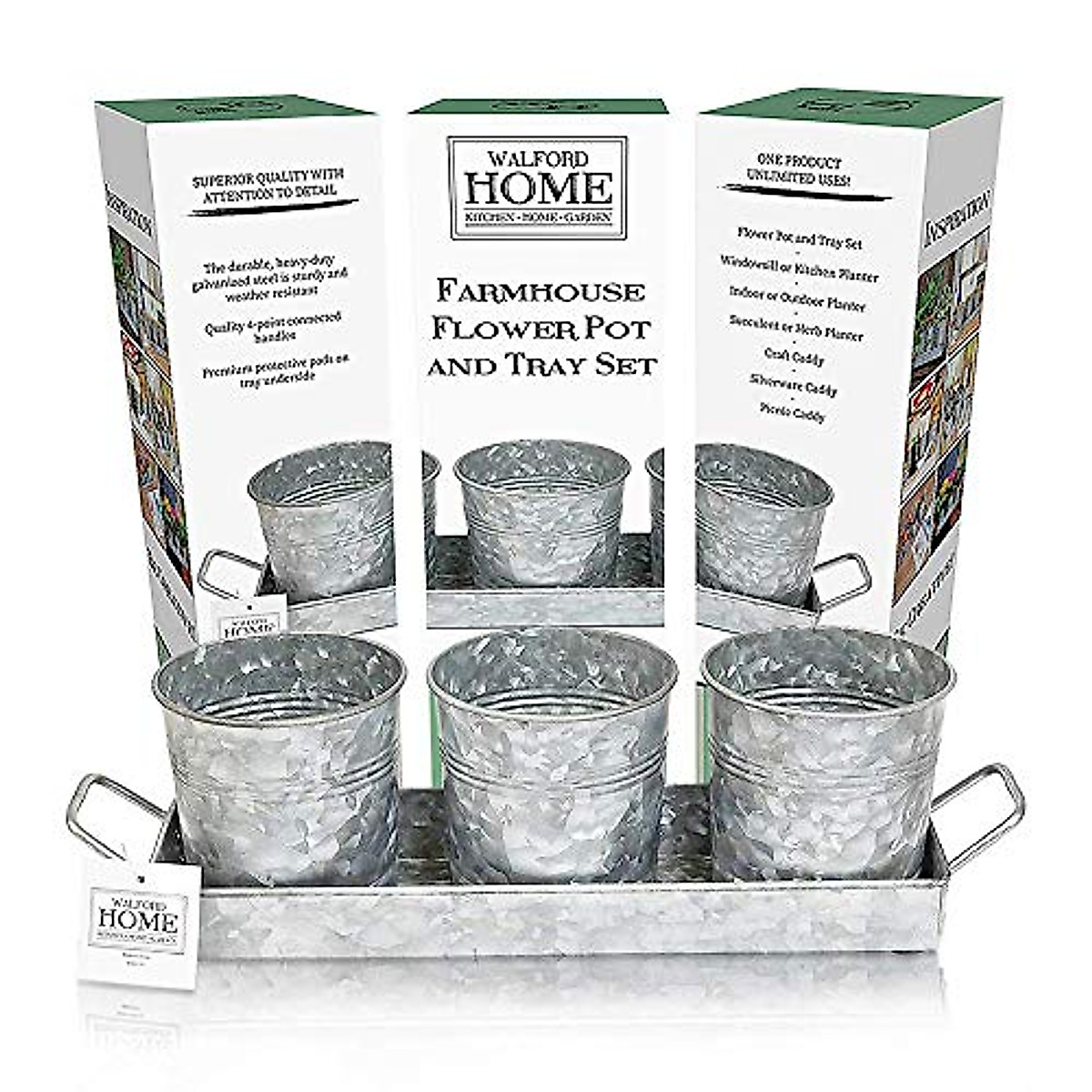 WH Farmhouse Herb Pot Set with Tray - Rustic Metal Planters