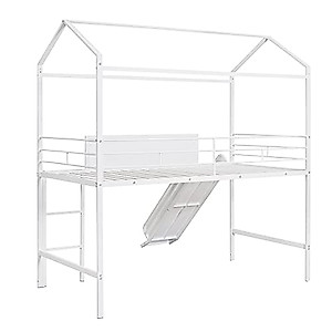 BOVZA Twin Size Metal House Loft Bed with Slide and Roof, Multifunctional Loftbed Frame with Two-Sided Writable Wooden Board, White