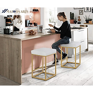 MAISON ARTS Off White & Gold Counter Height 24" Bar Stools Set of 2 for Kitchen Counter Modern Barstools Upholstered Faux Leather Square Stools Backless Farmhouse Island Chairs, 24 Inch Height