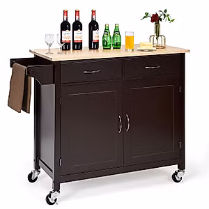 GOFLAME Portable Kitchen Island Cart with Storage and Drawers, Rolling Storage Cabinet Trolley Cart with Lockable Wheels, Home and Restaurant Serving Utility Cart with Wood Top and Towel Rack (Brown)